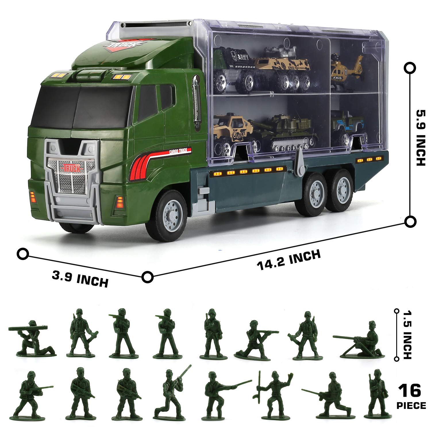 26 Pcs Military Truck with Soldier Men Set(2 in 1), Mini Die-cast Battle Car in Carrier Truck, Army Toy Double Side Transport Vehicle for Kid Child Girl Boy Play Birthday Party Favors