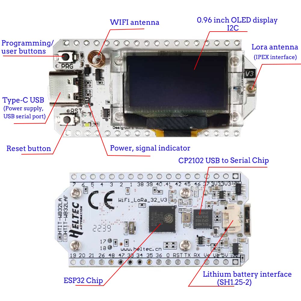 HiLetgo ESP32 V3 LoRa V3 SX1262 0.96 inch OLED Display Development Board WiFi Bluetooth Dual Core 240MHz CP2102 and 863-928MHz Antenna for Arduino Smart Home WiFi LoRa 32(Unsoldered)