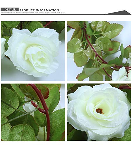 HEBE 4 Pack (29.8 FT) Artificial Rose Vine Flowers Plants Realistic Silk Fake Flowers Garland Hanging Baskets Rose Ivy for Home Ceremony Wedding Arch Garden Indoor Outdoor Decor,Milk White