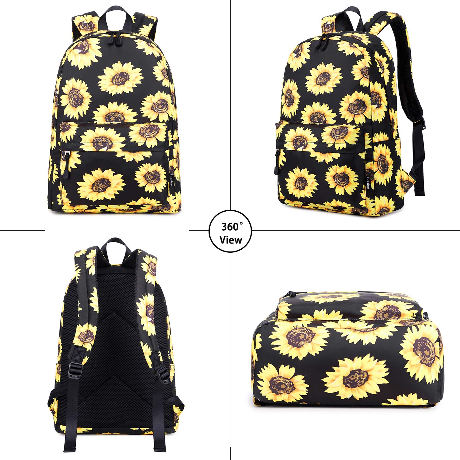 abshoo Lightweight Water Resistant Sunflower Backpacks for Teen Girls School Backpack with Lunch Bag (Sunflower Black Set)