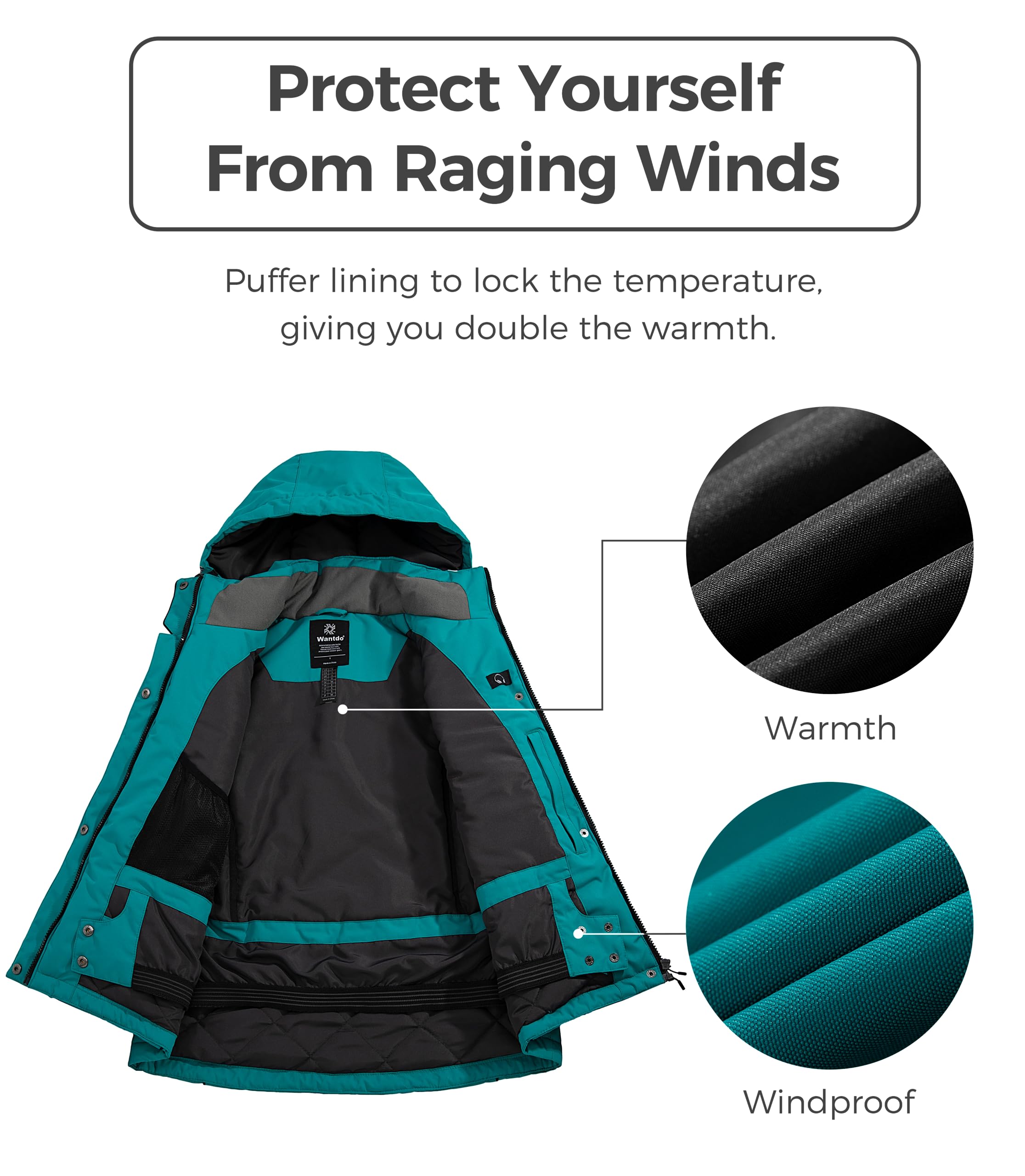 wantdo Women's Mountain Fully Taped Seams Waterproof Snowboard Jacket with Detachable Hood Turquoise M