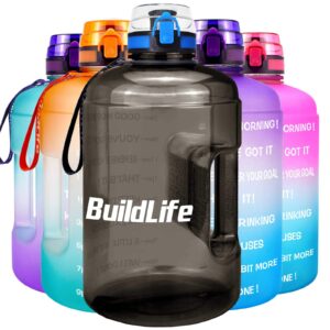 buildlife gallon water bottles with times to drink - gallon water jug - 1 gallon water bottle–128 oz water bottle,one gallon water bottle with time marke for gym(black, 1 gallon)