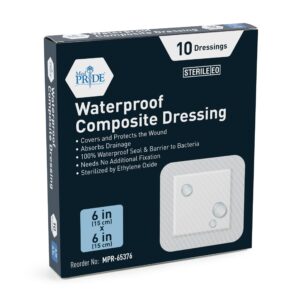 med pride waterproof composite 6’’ x 6’’ wound dressing pads- 10-pack, sterile, individually wrapped- for men/women- for pressure ulcers, post op trauma-injury-medium absorbency