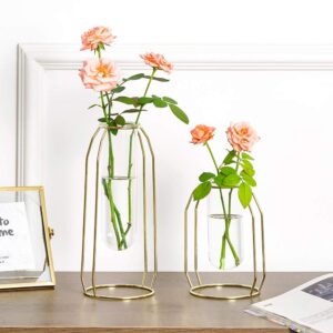 2 Pcs Flower Vases with Iron Art Frame, Geometric Plant Pot, Centerpiece Plant Vase, Plants Tabletop Display Holder for Wedding Table Office Living Room Decor (Gold, S+L)