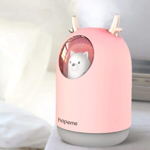 hopeme cute pet humidifier with two spray modes, 300ml water tank lasts up to 10 hours, 7 color led lights changing, waterless auto shut-off for bedroom, home, office (pink)