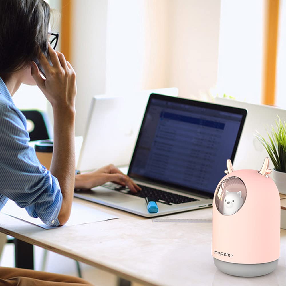 HOPEME Cute Pet Humidifier with Two Spray Modes, 300ml Water Tank Lasts Up to 10 Hours, 7 Color LED Lights Changing, Waterless Auto Shut-off for Bedroom, Home, Office (Pink)