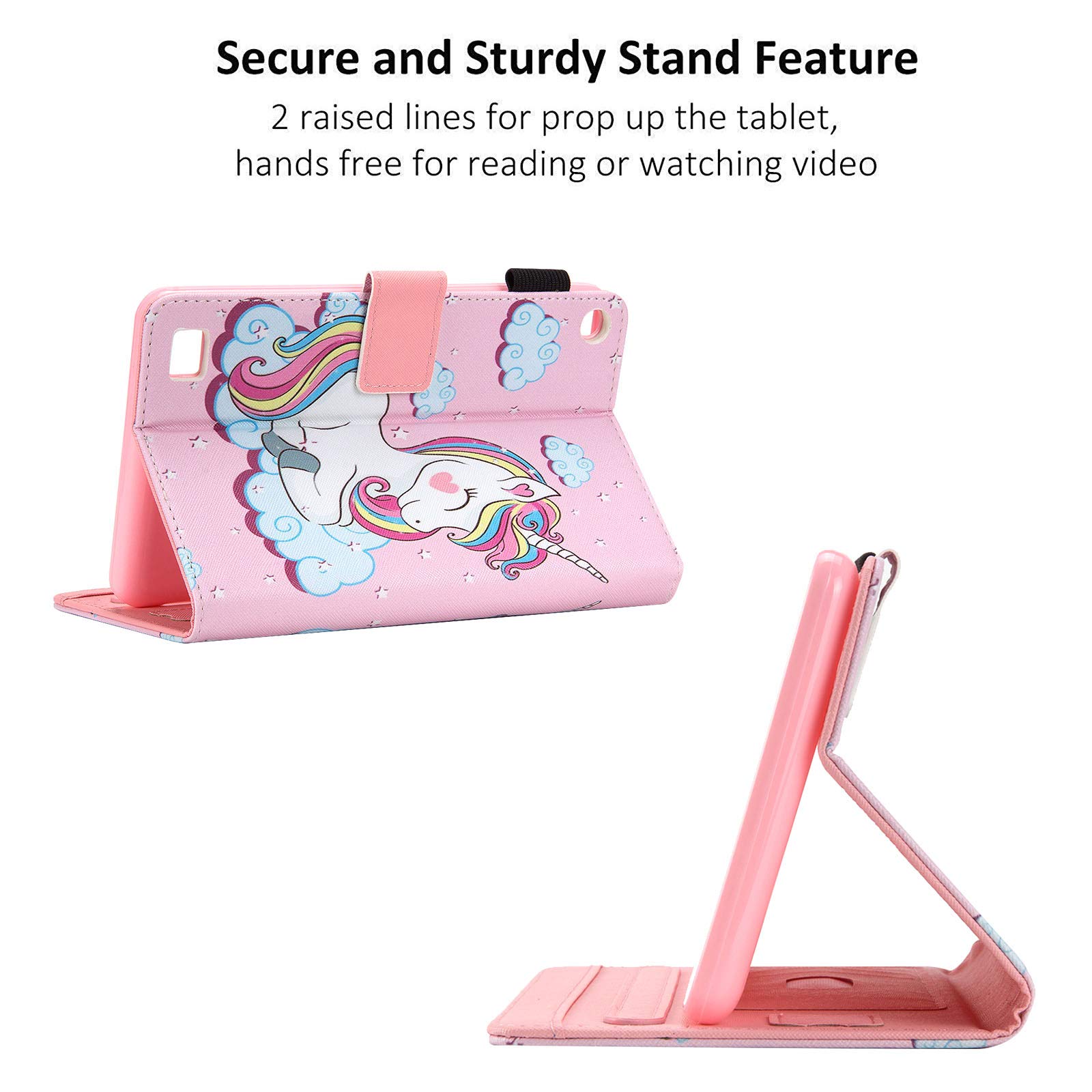 Dteck Case for Fire 7 Tablet (9th/7th/5th Generation, 2019 2017 2015) - Magnetic Folio Cute Case with [Auto Sleep Wake/Adjustable Viewing Stand] Protective Leather Kids Girly Cover (Smile Unicorn)