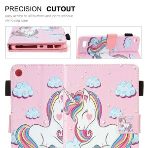 Dteck Case for Fire 7 Tablet (9th/7th/5th Generation, 2019 2017 2015) - Magnetic Folio Cute Case with [Auto Sleep Wake/Adjustable Viewing Stand] Protective Leather Kids Girly Cover (Smile Unicorn)