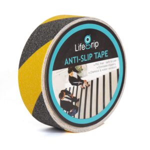 lifegrip anti slip traction tape, 2 inch x 60 foot, best grip, friction, abrasive adhesive for stairs, safety, tread step, indoor, outdoor, caution yellow/black