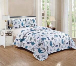 kids zone dinosaurs quilted bedspread set for boys/teens blue navy blue black white dino kingdom new (twin/twin xl)