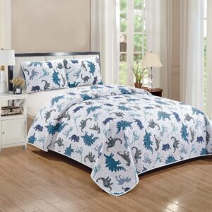 Kids Zone Dinosaurs Quilted Bedspread Set for Boys/Teens Blue Navy Blue Black White Dino Kingdom New (Twin/Twin XL)