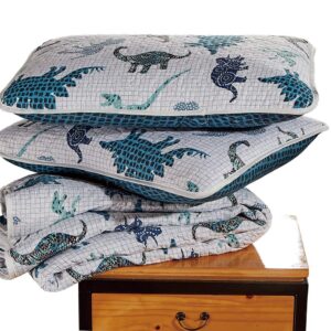 Kids Zone Dinosaurs Quilted Bedspread Set for Boys/Teens Blue Navy Blue Black White Dino Kingdom New (Twin/Twin XL)