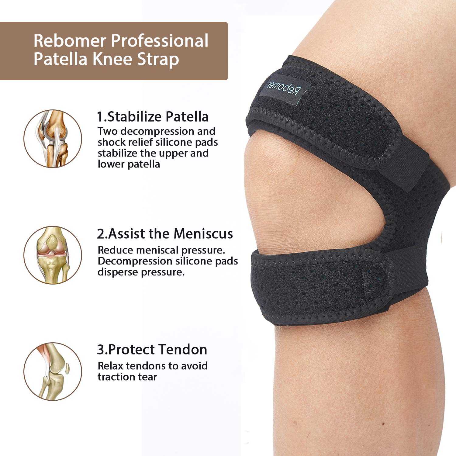 Rebomer Patella Knee Strap Adjustable Knee Brace (3D Silicone Pad) for Men Women Knee Joint Pain Prevention