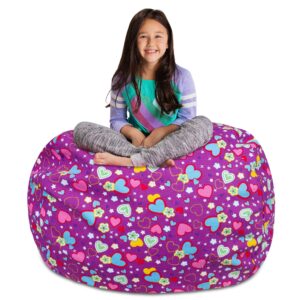 posh creations stuffable kids stuffed animal storage bean bag chair cover - childrens toy organizer, x-large-48 - canvas multi-colored hearts on purple