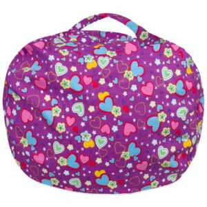 Posh Creations Stuffable Kids Stuffed Animal Storage Bean Bag Chair Cover - Childrens Toy Organizer, X-Large-48 - Canvas Multi-Colored Hearts on Purple