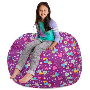 Posh Creations Stuffable Kids Stuffed Animal Storage Bean Bag Chair Cover - Childrens Toy Organizer, X-Large-48 - Canvas Multi-Colored Hearts on Purple