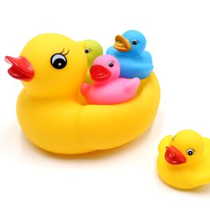 DOPHYRANIX Floating Rubber Duckies Bath Play 5 Pieces Set - Includes 1 Jumbo Mama Ducky and 4 Baby Ducks - Fun Water Tub Playing Kits(4 Colors)