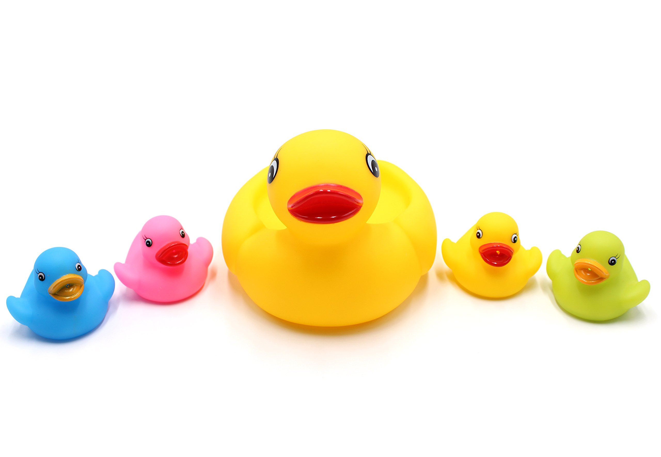 DOPHYRANIX Floating Rubber Duckies Bath Play 5 Pieces Set - Includes 1 Jumbo Mama Ducky and 4 Baby Ducks - Fun Water Tub Playing Kits(4 Colors)