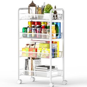 ovicar 4 tier mesh wire rolling cart, kitchen storage organizer utility cart, full metal basket storage art trolley carts with wheels & 4 side hooks