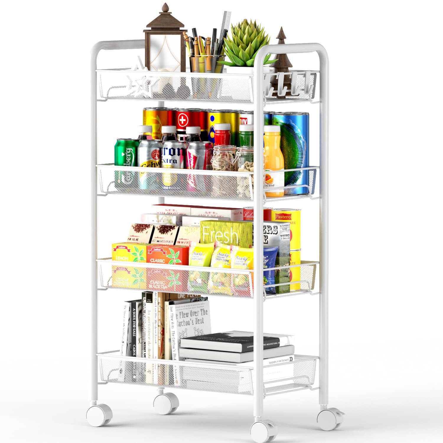 Ovicar 4 Tier Mesh Wire Rolling Cart, Kitchen Storage Organizer Utility Cart, Full Metal Basket Storage Art Trolley Carts with Wheels & 4 Side Hooks