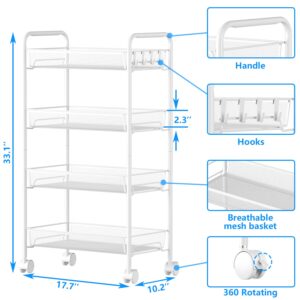 Ovicar 4 Tier Mesh Wire Rolling Cart, Kitchen Storage Organizer Utility Cart, Full Metal Basket Storage Art Trolley Carts with Wheels & 4 Side Hooks