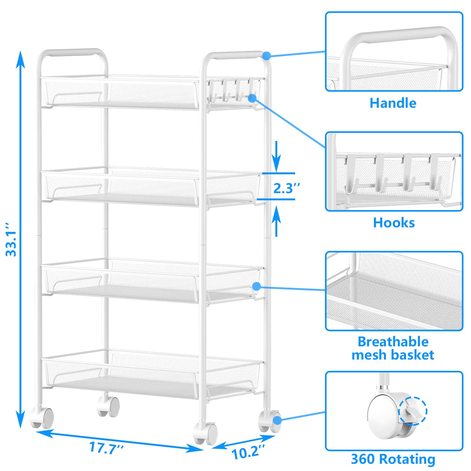 Ovicar 4 Tier Mesh Wire Rolling Cart, Kitchen Storage Organizer Utility Cart, Full Metal Basket Storage Art Trolley Carts with Wheels & 4 Side Hooks