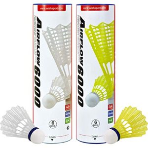 wish airflow 6000 badminton tournament shuttlecocks – 6 pack tube of durable nylon shuttlecocks with cork tips – badminton birdies for indoor and outdoor play, white