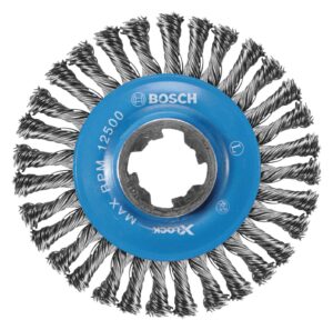 bosch wbx408 4-1/2 in. x-lock arbor carbon steel stringer bead knotted wire wheel for applications in difficult brushing in tight places for cleaning welds