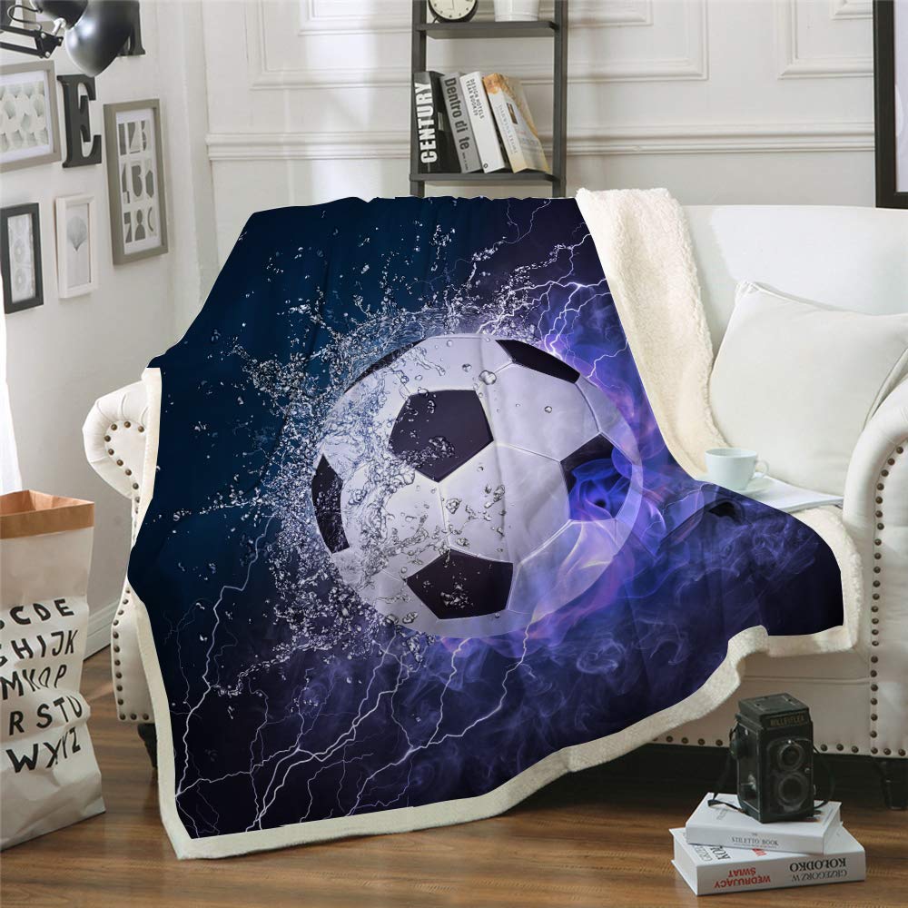 WONGS BEDDING Socccer Throw Blanket Reversible Purple Flame Soccer Pattern Blanket for Soccer Fans Teens Boys Kids, Cozy Warm Blanket for All Seasons, Plush Fleece Blanket Sofa Couch Bed 50" X 60"