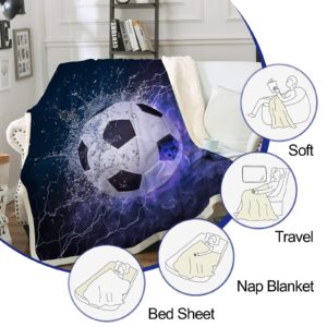 WONGS BEDDING Socccer Throw Blanket Reversible Purple Flame Soccer Pattern Blanket for Soccer Fans Teens Boys Kids, Cozy Warm Blanket for All Seasons, Plush Fleece Blanket Sofa Couch Bed 50" X 60"