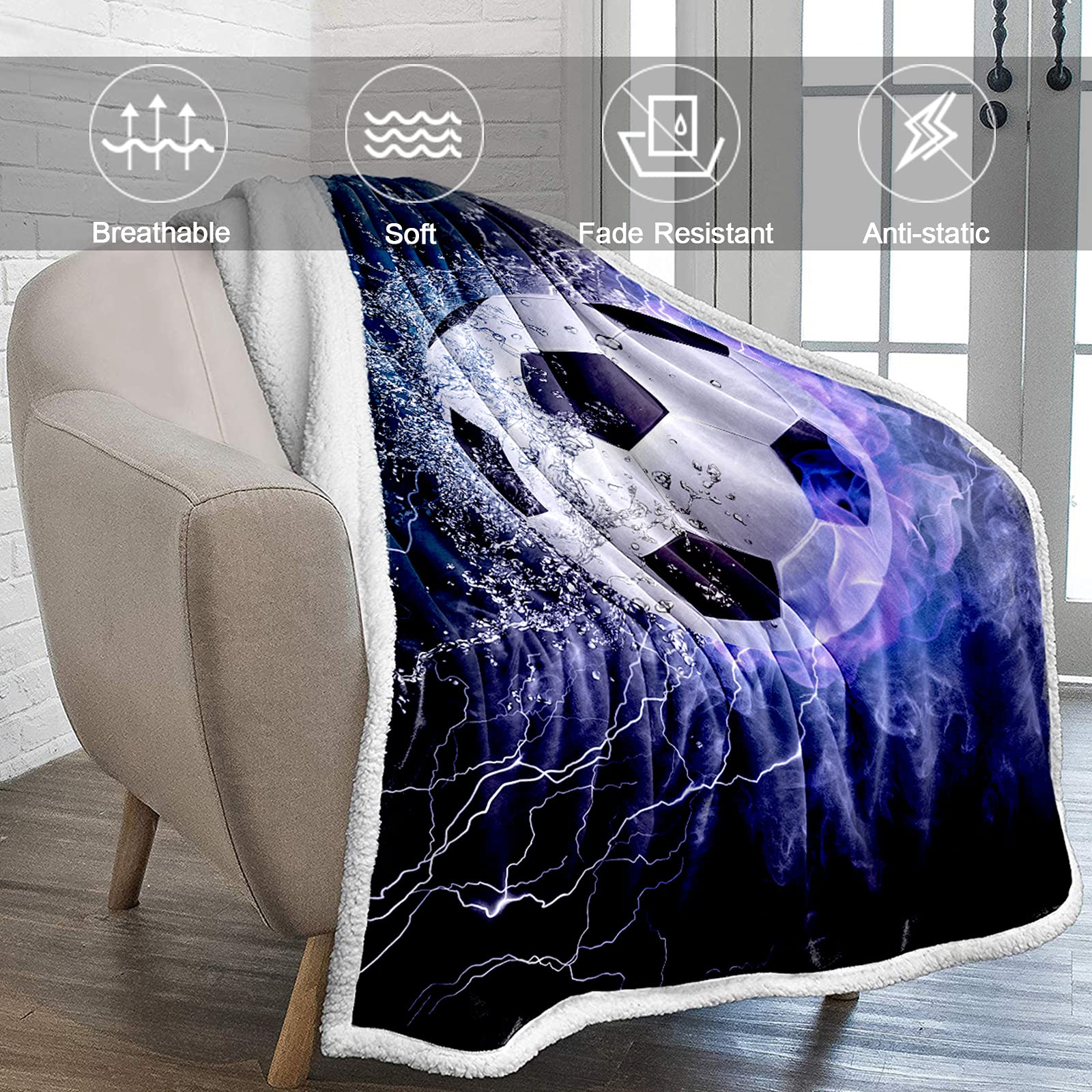 WONGS BEDDING Socccer Throw Blanket Reversible Purple Flame Soccer Pattern Blanket for Soccer Fans Teens Boys Kids, Cozy Warm Blanket for All Seasons, Plush Fleece Blanket Sofa Couch Bed 50" X 60"