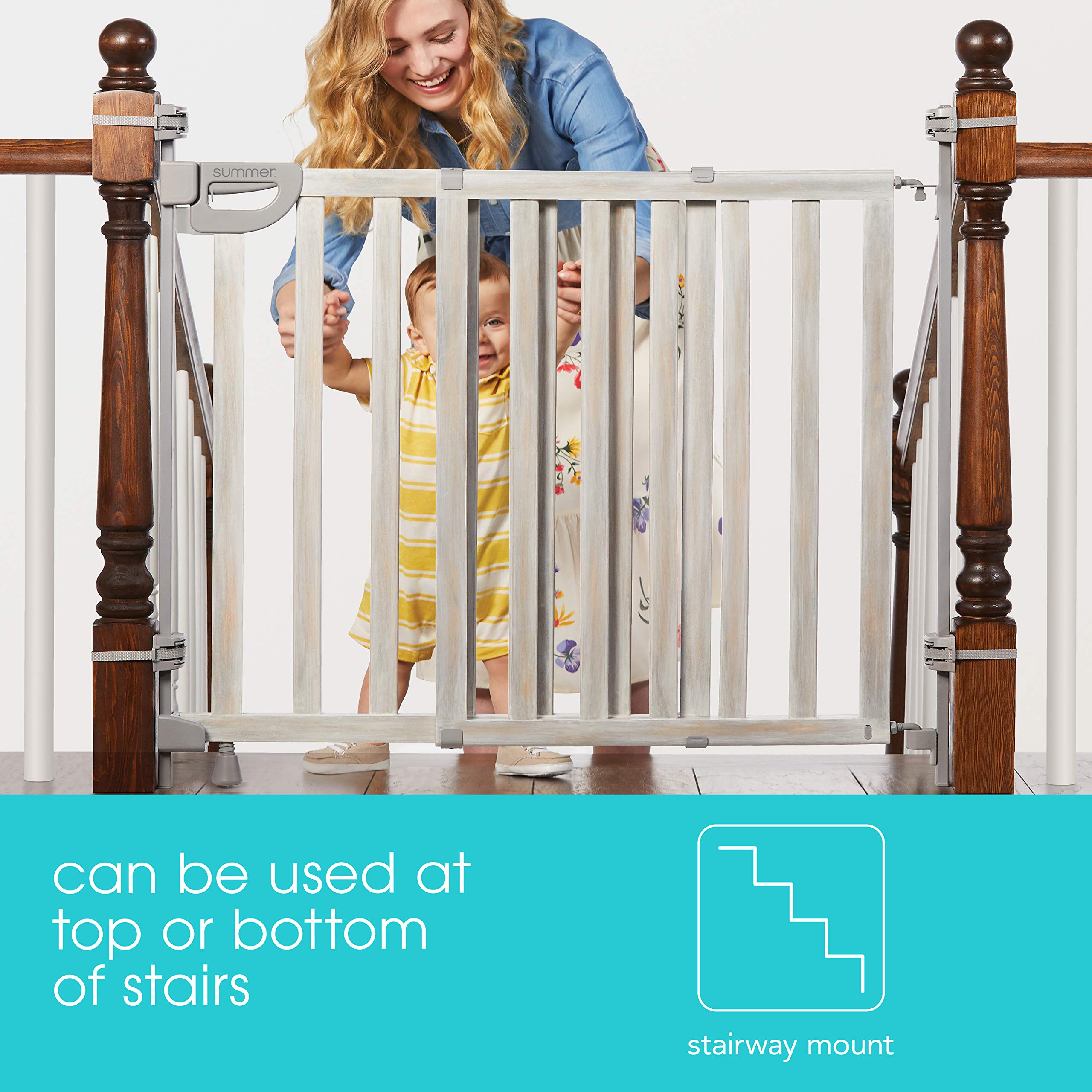 Summer Infant Banister and Stair Wood Safety Gate with Extra Wide Door Design and Comfort Grip handle for Easy One Handed Release, Multicolor