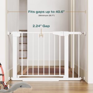 Cumbor 29.7"-40.6" Baby Gate for Stairs, Dog Gate for Doorways, Pressure Mounted Self Closing Pet Gates for Dogs Indoor, Durable Safety Child Gate with Easy Walk Thru Door, Mom's Choice Awards Winner