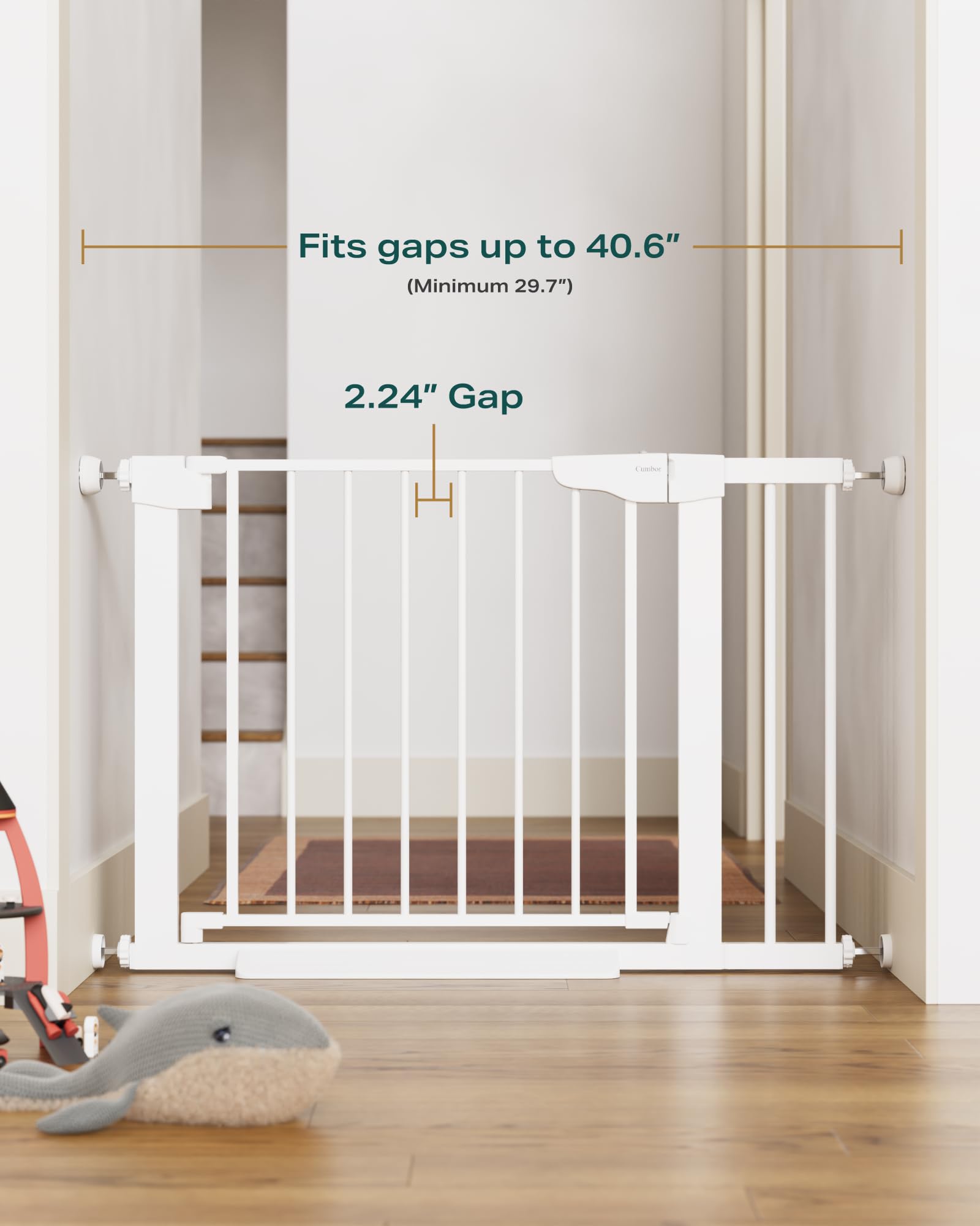 Cumbor 29.7"-40.6" Baby Gate for Stairs, Dog Gate for Doorways, Pressure Mounted Self Closing Pet Gates for Dogs Indoor, Durable Safety Child Gate with Easy Walk Thru Door, Mom's Choice Awards Winner