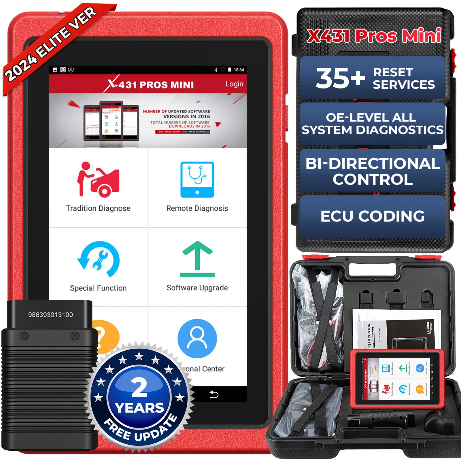 LAUNCH X431 Pros Mini (Same Functions as X431 V+) ECU Coding Diagnostic Scanner Bi-Directional Scanner, FCA SGW, 35 Reset Service Automotive Diagnostic Scan Tool, All System with Bluetooth