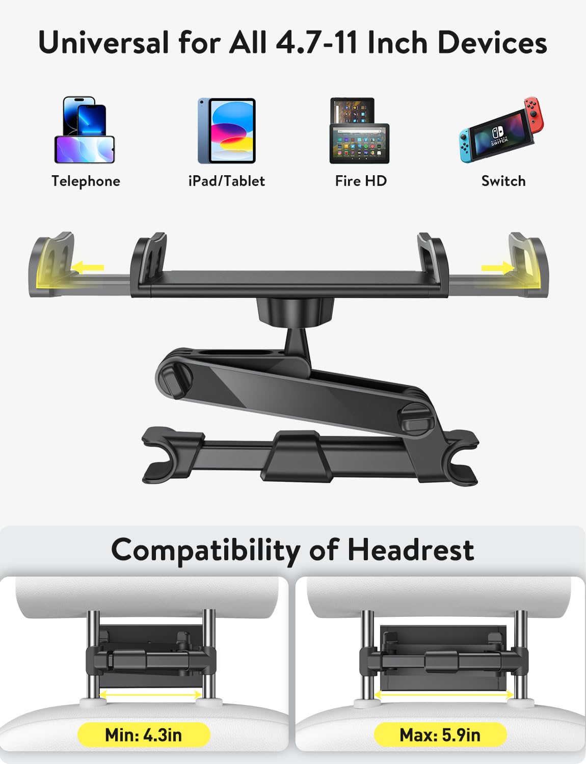 Tryone Car Headrest Tablet Holder Mount Stretchable Backseat Tablets Stand for Kids, Car Seat Mounts Compatible with iPad Pro 12.9 Air Mini, iPhone, Galaxy Tab, Switch, All 4.7-12.9" Screen Devices