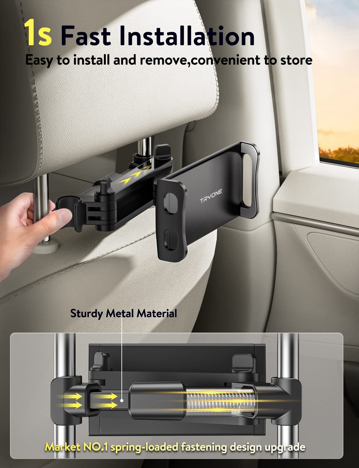 Tryone Car Headrest Tablet Holder Mount Stretchable Backseat Tablets Stand for Kids, Car Seat Mounts Compatible with iPad Pro 12.9 Air Mini, iPhone, Galaxy Tab, Switch, All 4.7-12.9" Screen Devices