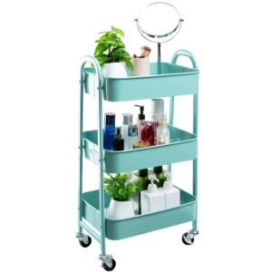 AGTEK Makeup Cart, Movable Rolling Organizer Cart, Aqua Blue 3 Tier Metal Utility Cart