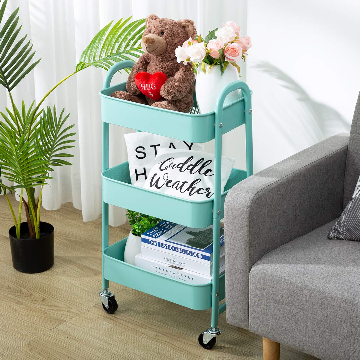 AGTEK Makeup Cart, Movable Rolling Organizer Cart, Aqua Blue 3 Tier Metal Utility Cart