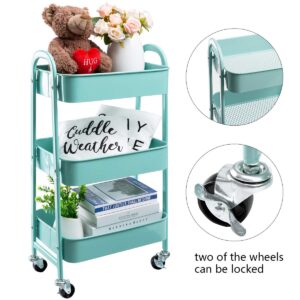 AGTEK Makeup Cart, Movable Rolling Organizer Cart, Aqua Blue 3 Tier Metal Utility Cart