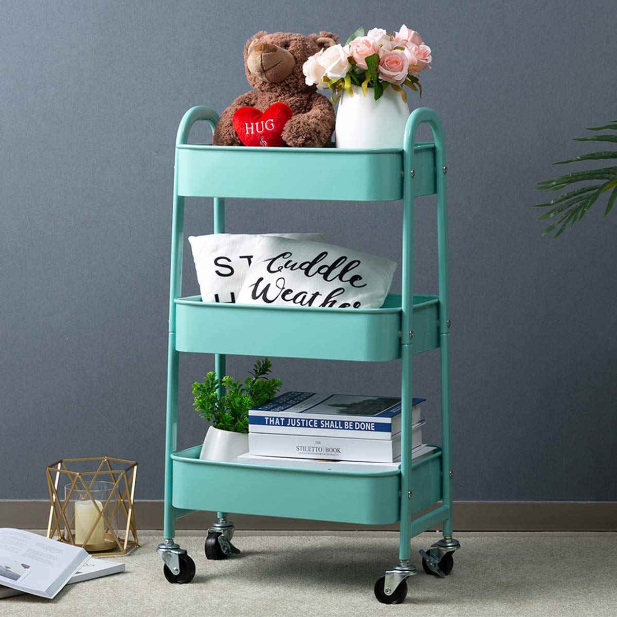 AGTEK Makeup Cart, Movable Rolling Organizer Cart, Aqua Blue 3 Tier Metal Utility Cart