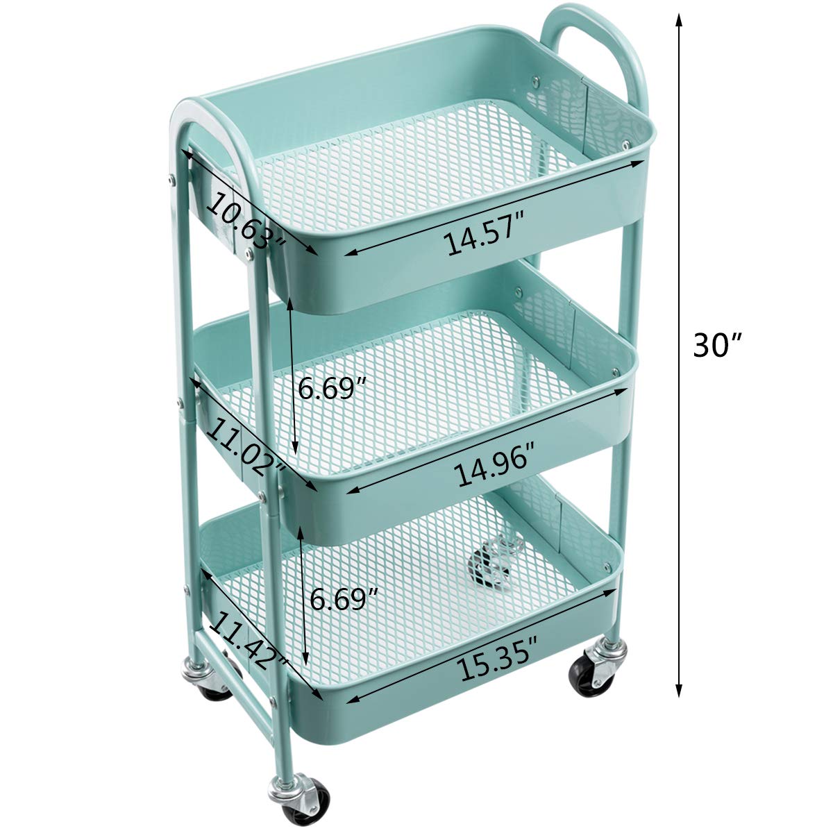 AGTEK Makeup Cart, Movable Rolling Organizer Cart, Aqua Blue 3 Tier Metal Utility Cart