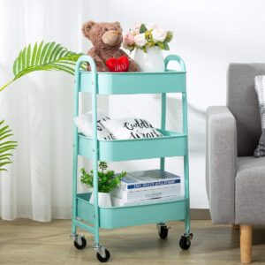 AGTEK Makeup Cart, Movable Rolling Organizer Cart, Aqua Blue 3 Tier Metal Utility Cart