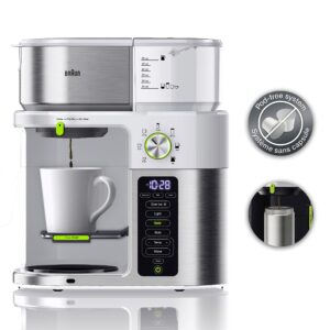 Braun MultiServe Coffee Machine 7 Programmable Brew Sizes / 3 Strengths + Iced Coffee & Hot Water for Tea, Glass Carafe (10-Cup), White, KF9150WH