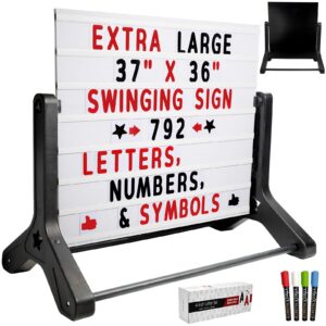 excello global products swinging changable message sidewalk sign: 37" x 36" sign with 792 pre-cut double sided letters and storage box. includes black sign board & 4 liquid chalkboard & letter board