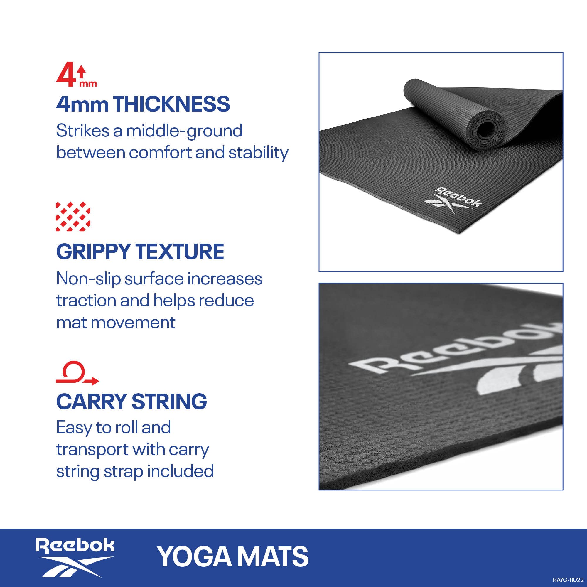 Reebok Yoga Mat - 4mm Thick Lightweight, Compact, Rollable, and Cushioned Supportive Workout Mat for Yoga, Pilates, and General Exercise & Fitness - Non Slip Yoga Mat with Grippy Texture - Black