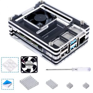 smraza raspberry pi 4 case, acrylic case for raspberry pi 4b, with fan 35mm, 4pcs heatsinks for pi 4 model b rpi 8gb/4gb/2gb black and clear (upgrade, large fan and large heat sinks)