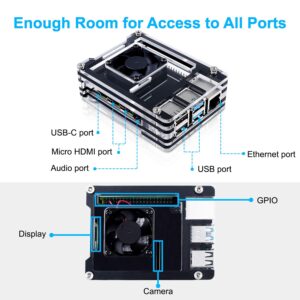 Smraza Raspberry Pi 4 Case, Acrylic Case for Raspberry Pi 4B, with Fan 35mm, 4PCS Heatsinks for Pi 4 Model B RPI 8GB/4GB/2GB Black and Clear (Upgrade, Large Fan and Large Heat Sinks)