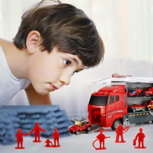 19 Pcs Fire Truck with Firefighter Toy Set, Mini Die-cast Fire Engine Car in Carrier Truck, Mini Rescue Emergency Double Side Transport Vehicle for Kid Child Boy Girl Birthday Christmas Party Favors