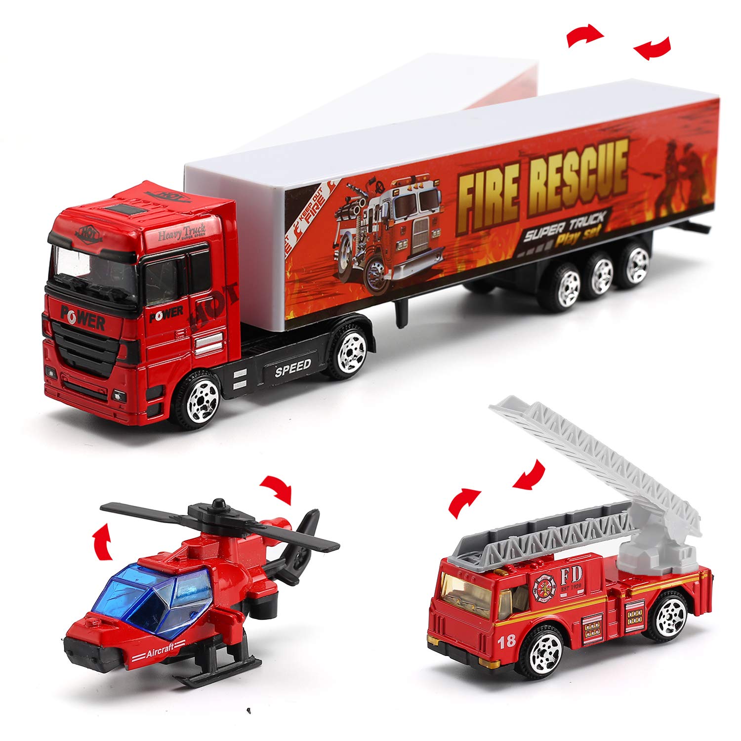 19 Pcs Fire Truck with Firefighter Toy Set, Mini Die-cast Fire Engine Car in Carrier Truck, Mini Rescue Emergency Double Side Transport Vehicle for Kid Child Boy Girl Birthday Christmas Party Favors